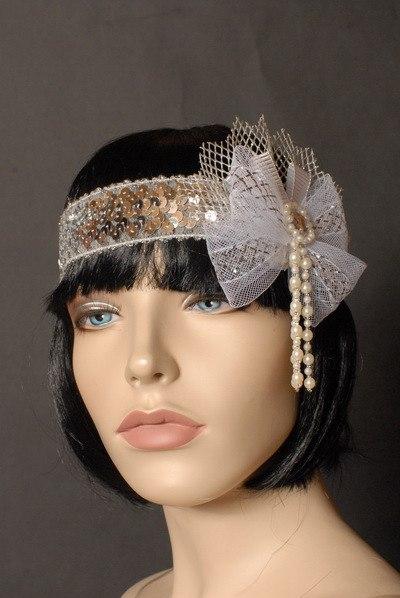Flapper Headband Deluxe White Pearls and Netting